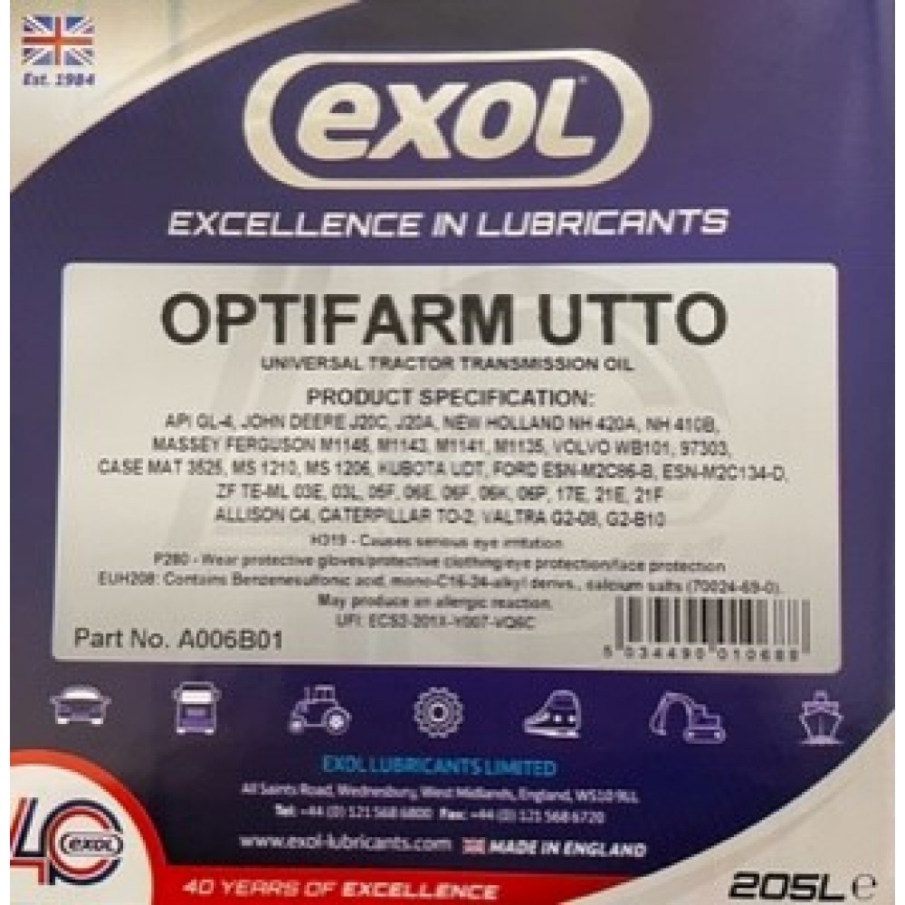 Exol Optifarm UTTO 10W-30 Universal Tractor Transmission Oil Dyed 205 Litres - Hydraulic Plant ...