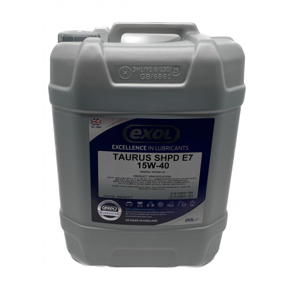 Exol Taurus SHPD E7 15W-40 - E7 Engine Oil 20 Litres - Hydraulic Plant ...